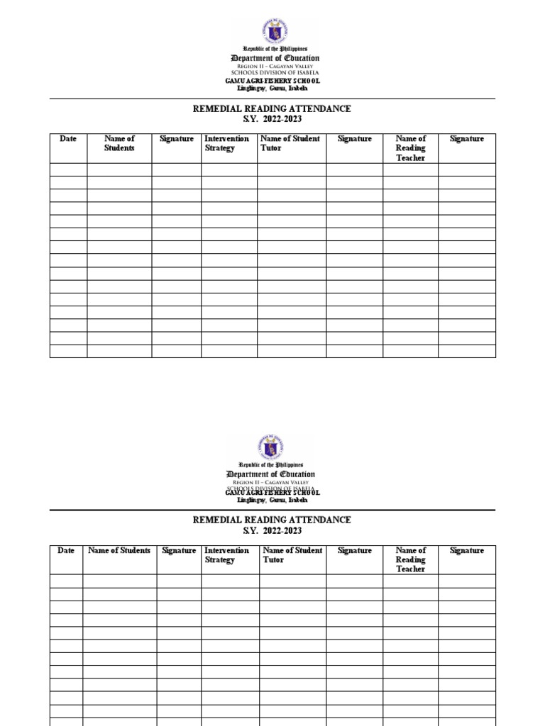 Remedial Reading Attendance | PDF