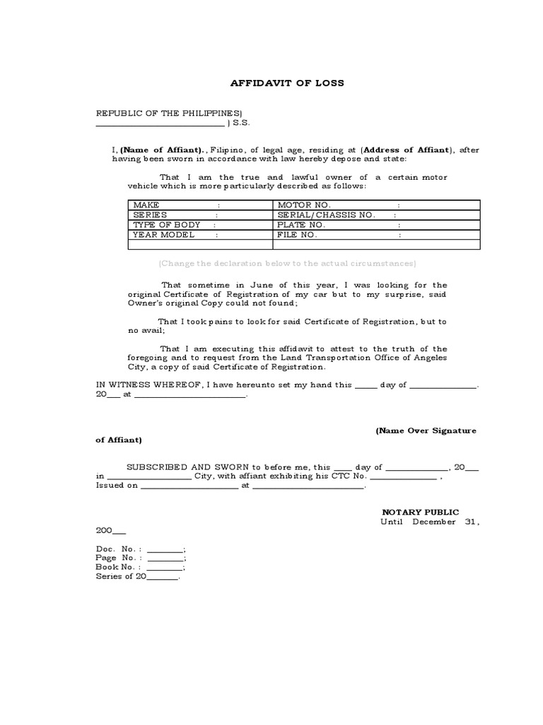Affidavit of Loss | PDF | Affidavit | Common Law