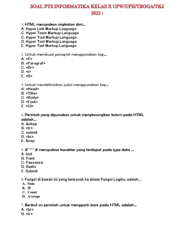 Soal PTS Informatika Kelas X 2023 | PDF