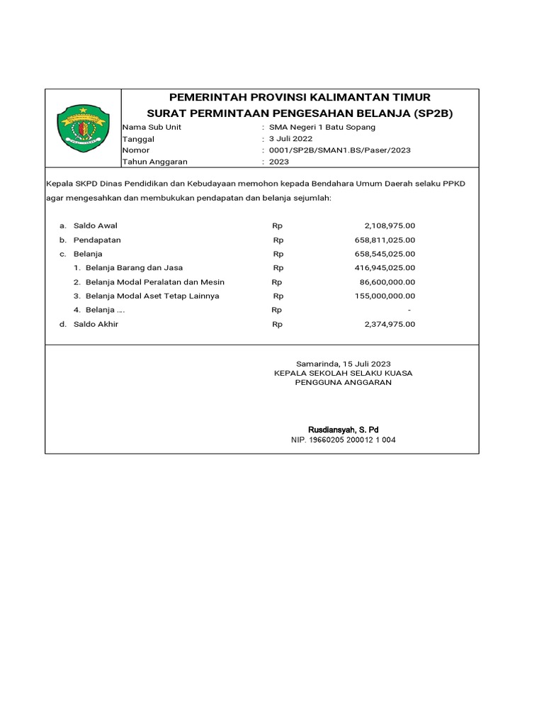 Surat Permintaan Pengesahan SP2B 2023 | PDF