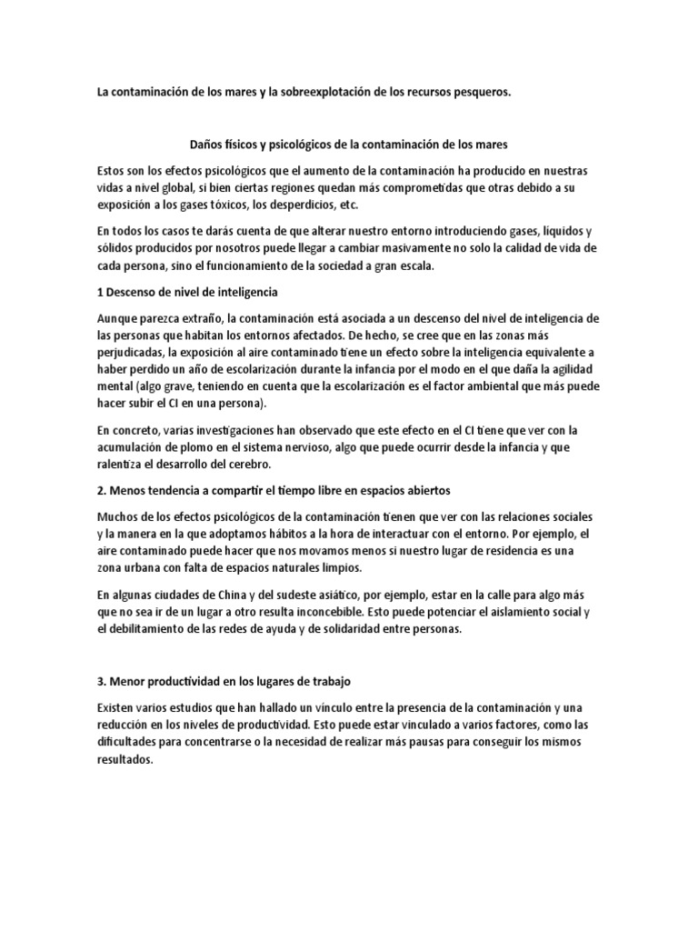 La Contaminación de Los Mares y La Sobreexplotación de Los Recursos Pesqueros | PDF ...
