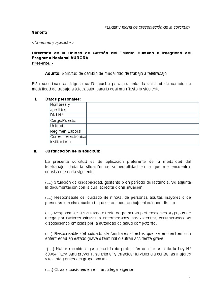 Modelo de Solicitud de Teletrabajo PNA | PDF Modelo de Solicitud de Teletrabajo PNA | PDF