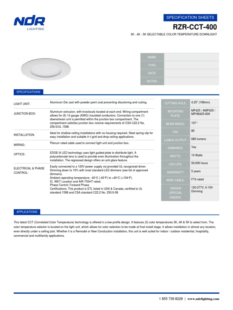 RZR-CCT-400: Name | PDF | Electrical Wiring | Lighting