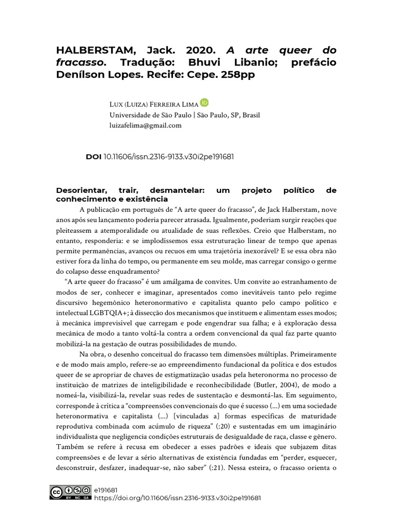 LIMA. HALBERSTAM, Jack. 2020. A Arte Queer Do Fracasso. (RESENHA) | PDF ...