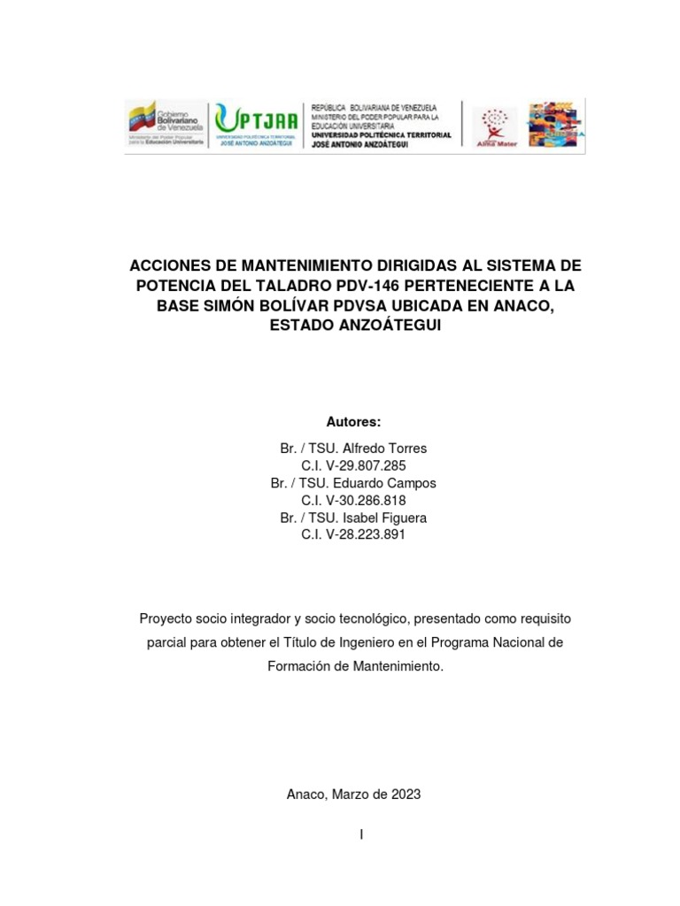 Proyecto Propuesta de Acciones de Mtto Taladro PDV.146 | PDF