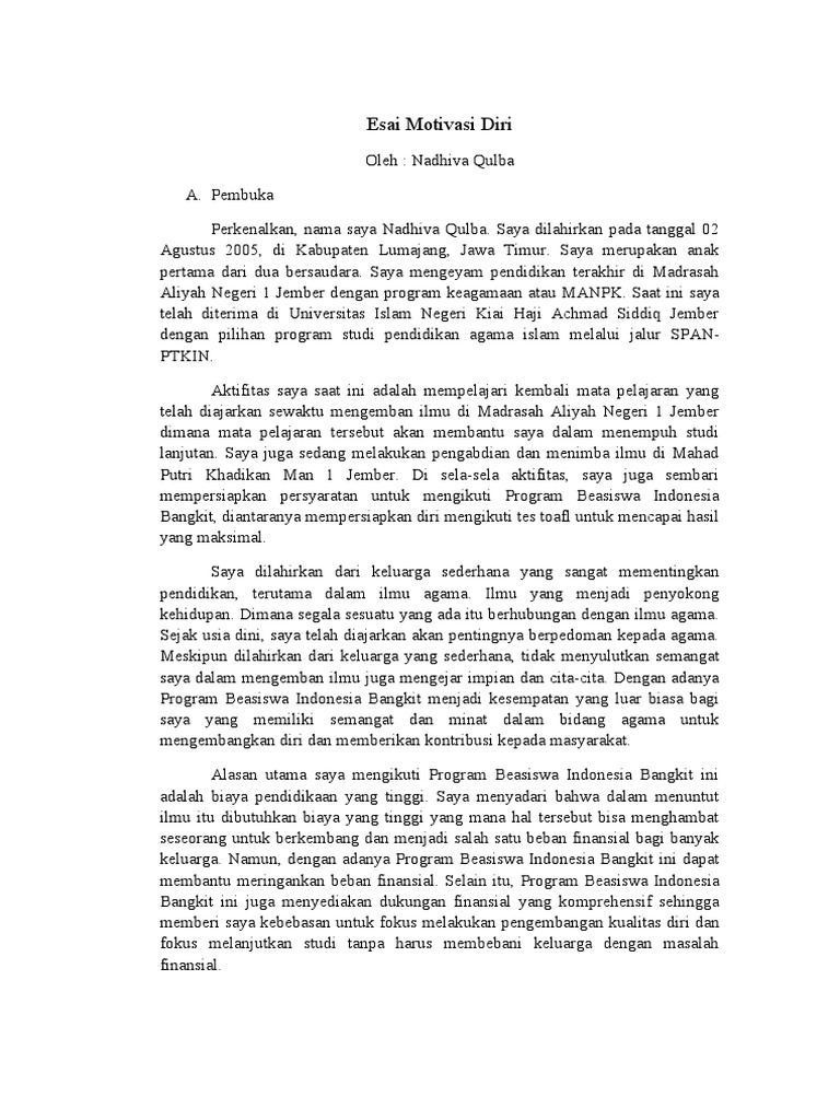 Esai Motivasi Diri Nadhiva Qulba | PDF | Karier & Perkembangan