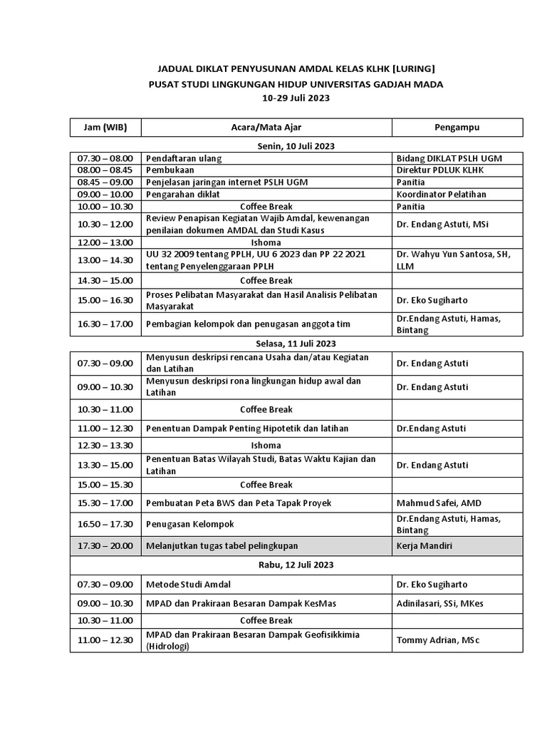 Jadual Diklat Penyusunan Amdal 10-29 Juli 2023 | PDF