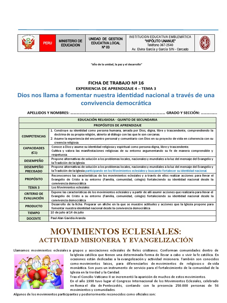 Ficha #16.5to - Eda 4.tema 3.HU.2023 (Movimientos Eclesiales) | PDF | Iglesia Católica | eucaristía