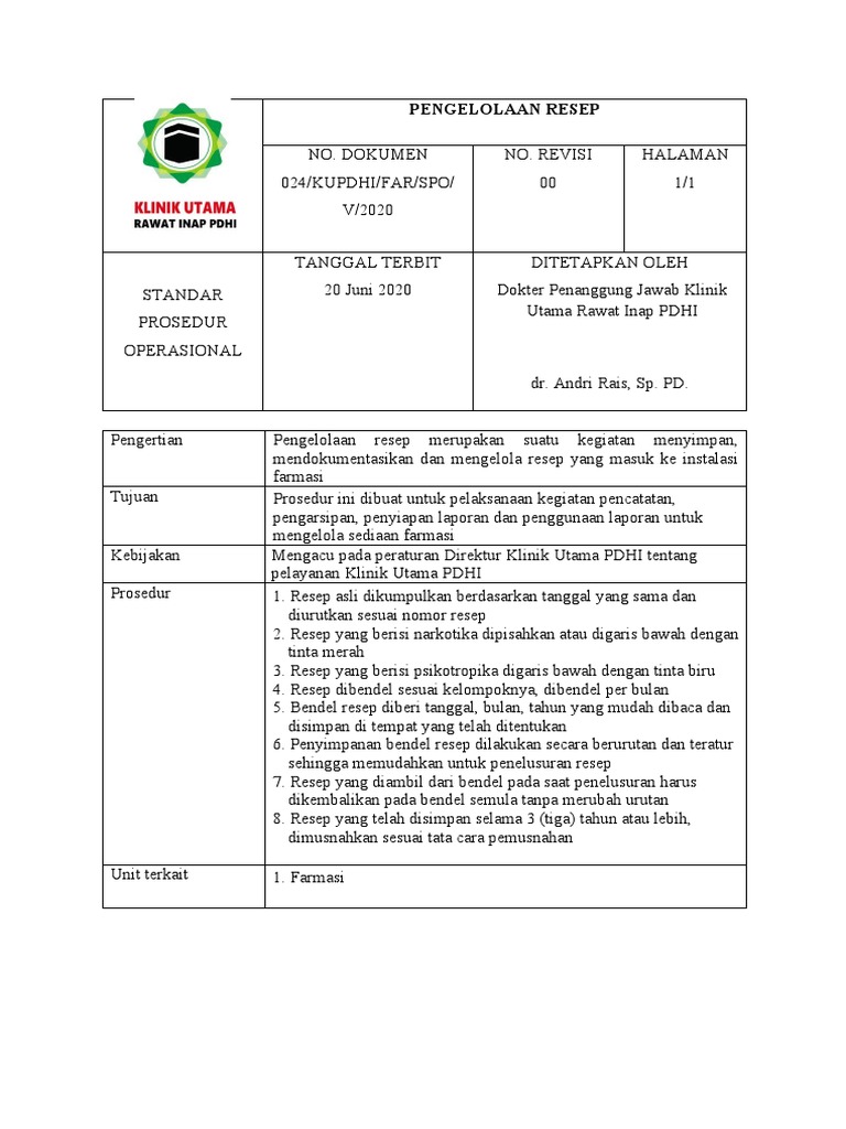 SOP 24 - Pengelolaan Resep | PDF