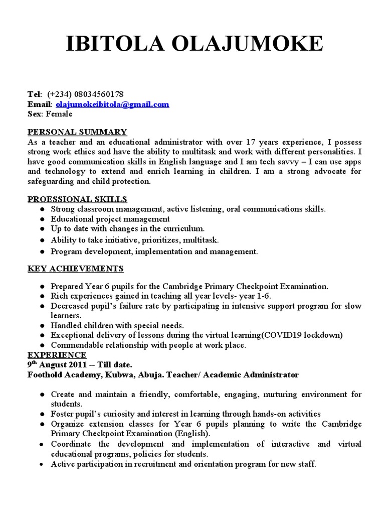 Jumoke Ibitola Resume | Descargar gratis PDF | Teachers | Learning