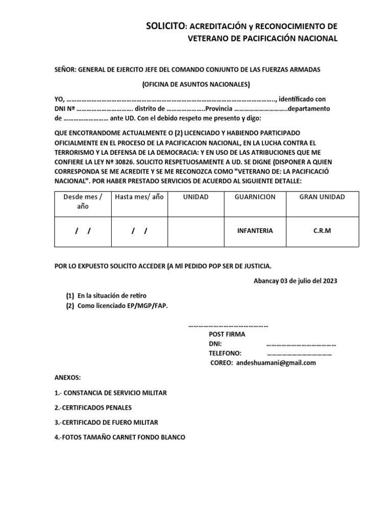 Modelo de Solicitud para Acreditacjón y Reconocimiento de Veterano de La Pacificación Nacional | PDF