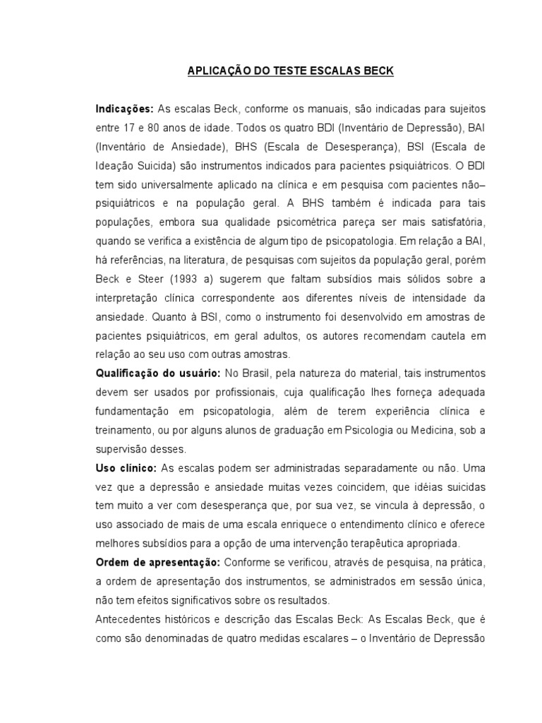 Escalas Beck: Aplicação e Uso Clínico | PDF | Autoajuda