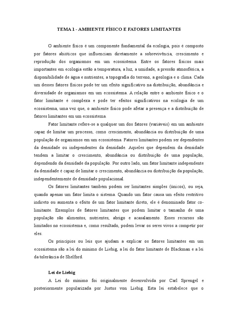 Tema 1 - Ambiente Físico e Fatores Limitantes | PDF | População mundial ...