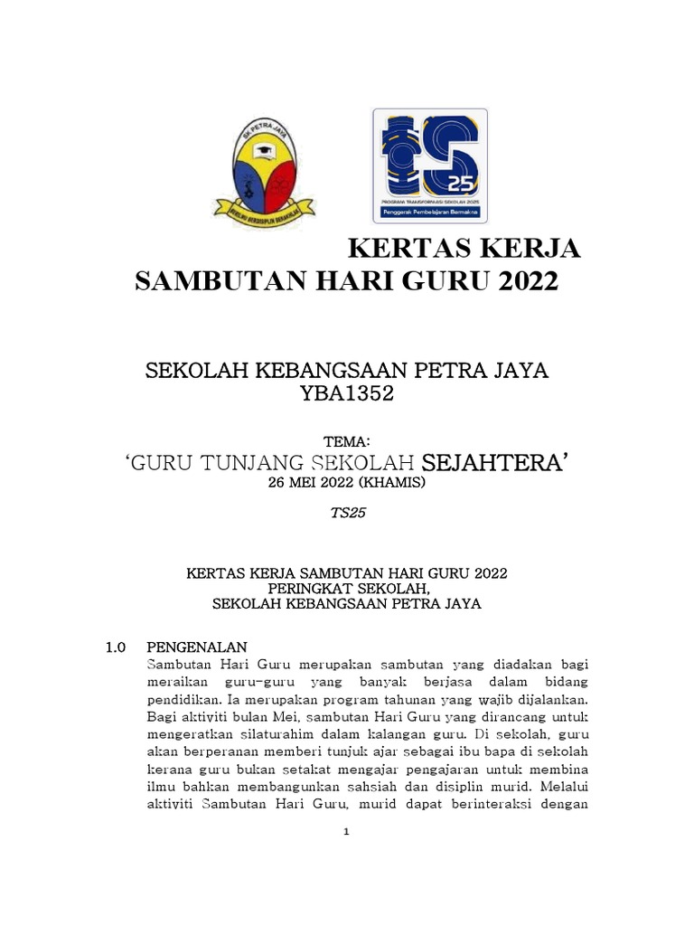 Kertas Kerja Sambutan Hari Guru SKPJ 2022 | PDF