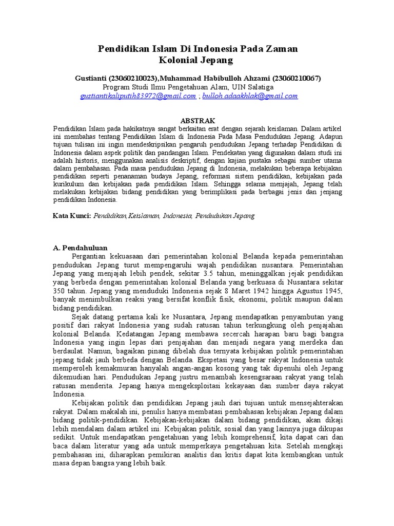 Jurnal Pendidikan Islam Masa Penjajahan Jepang (PII 2) #2 | PDF