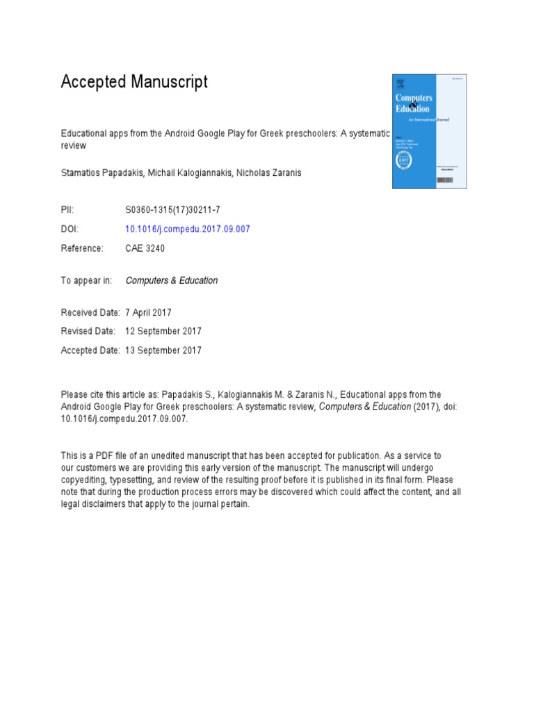 Educational Apps From The Android Google Play For Greek Preschoolers - A Systematic Review | PDF ...