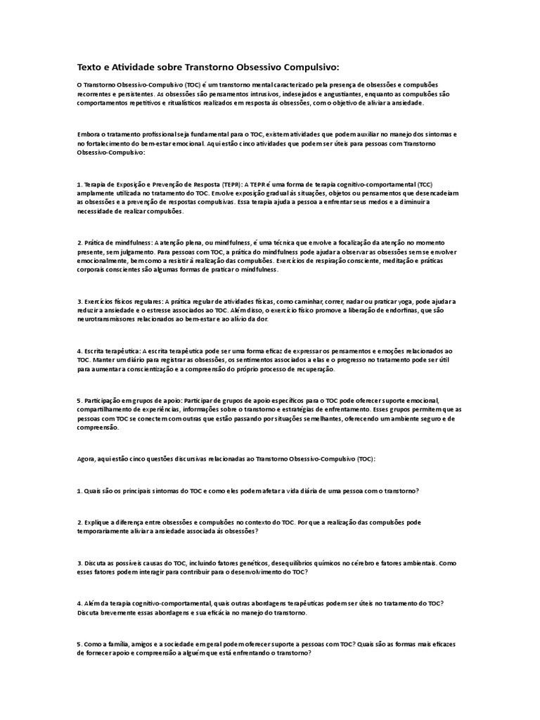 Atividades para Manejo do TOC | PDF | Autoajuda