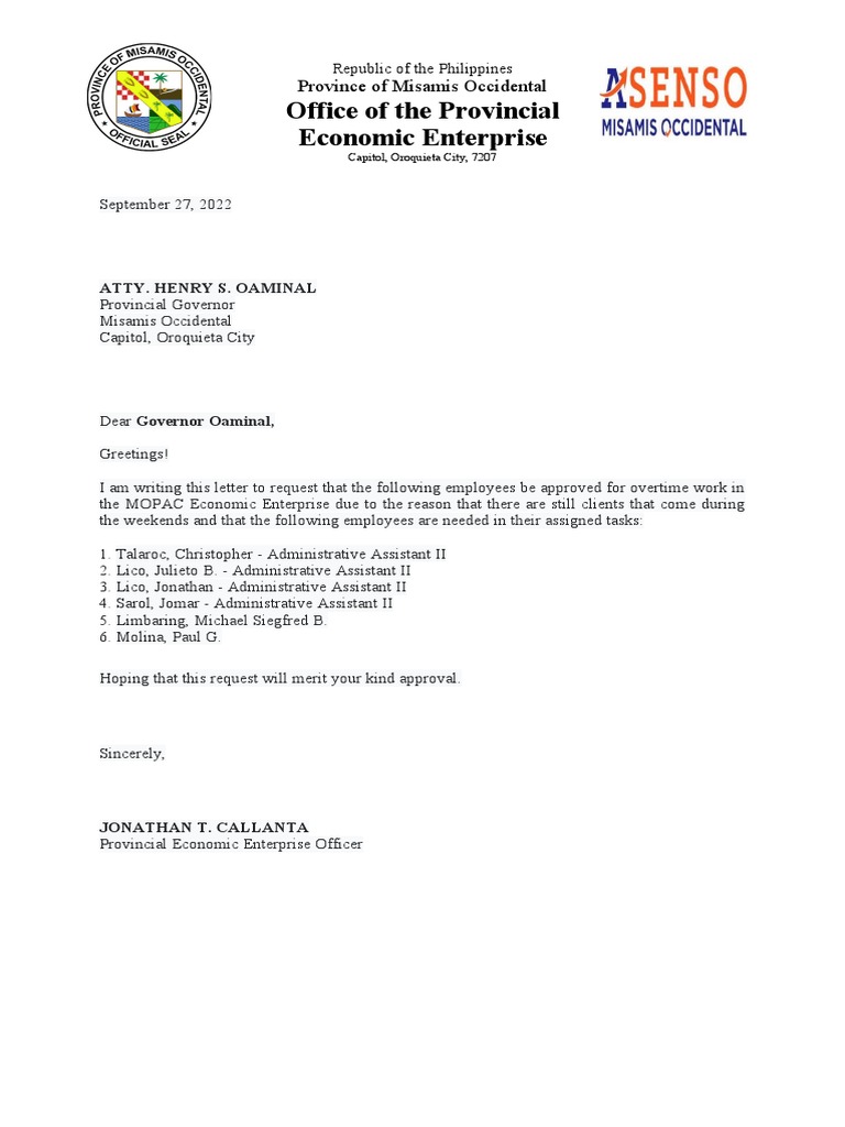 Request Letter (Overtime) | PDF | Law
