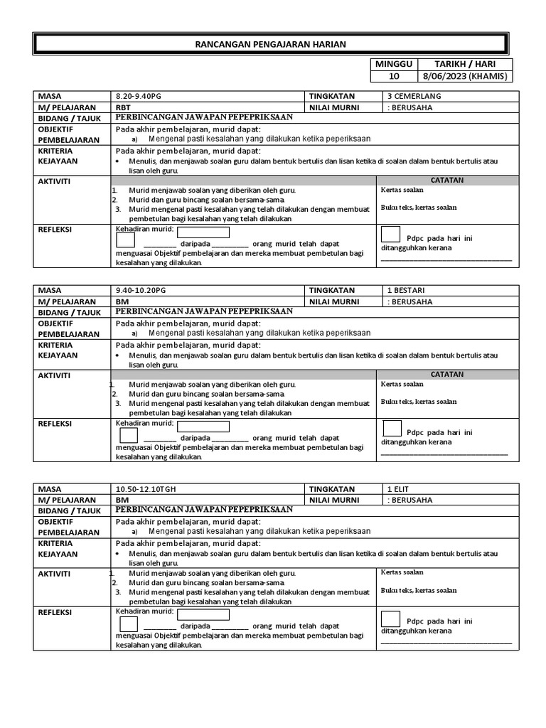 RPH Minggu PERBINCANGAN JAWAPAN | PDF