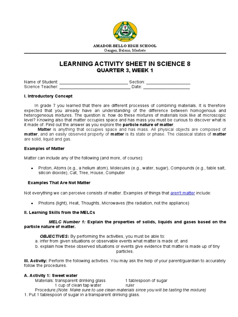 LEARNING ACTIVITY SHEET SCIENCE 8-Week 1 | PDF | Matter | Gases