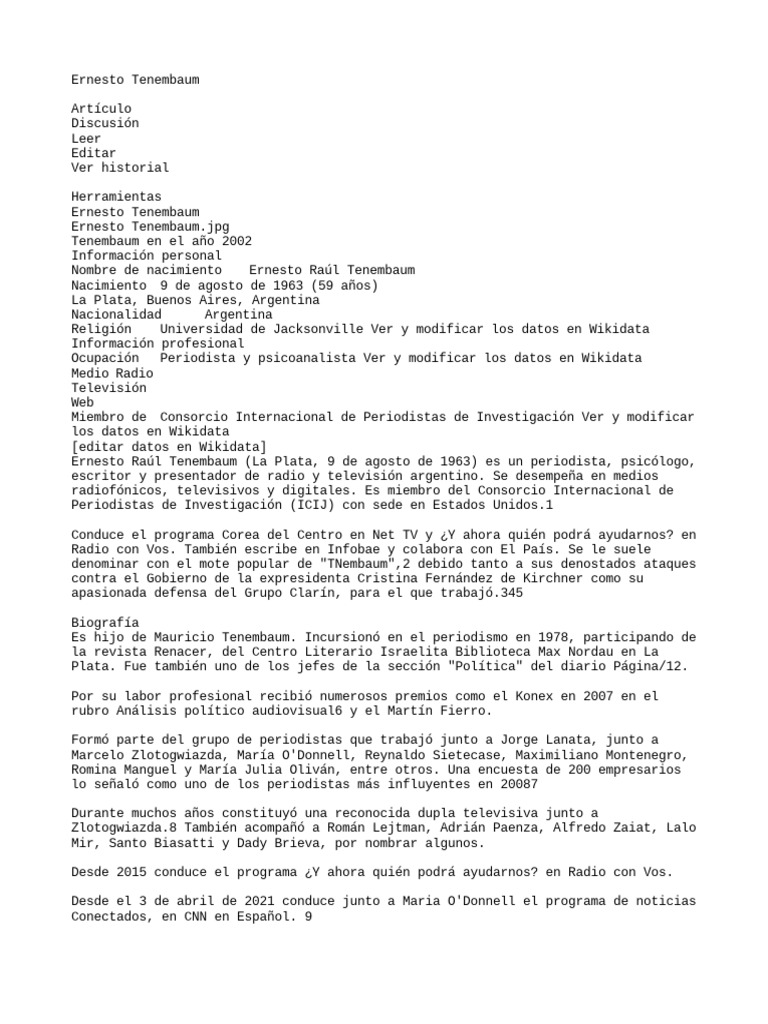 Ernesto Tenembaum: Periodista y Psicoanalista | PDF | Argentina