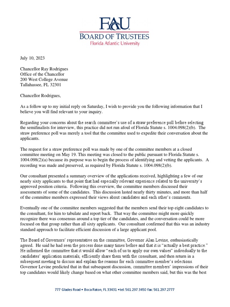 FAU Letter To Chancellor Ray Rodrigues | PDF