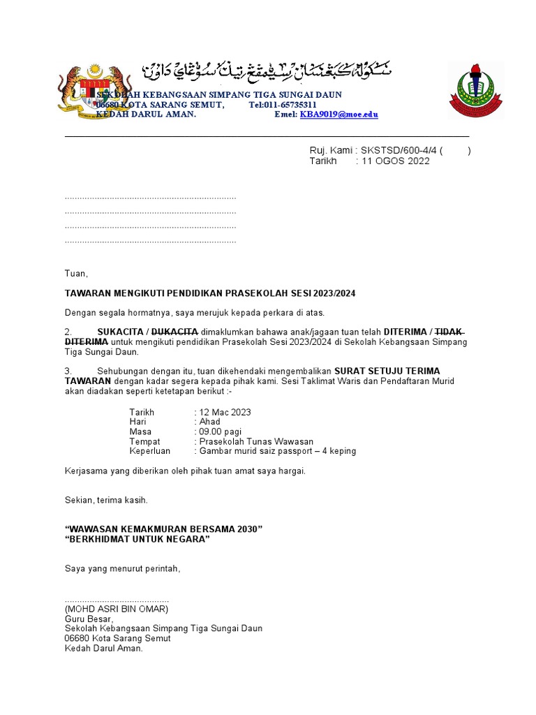 Surat Setuju Terima Tawaran Prasekolah | PDF