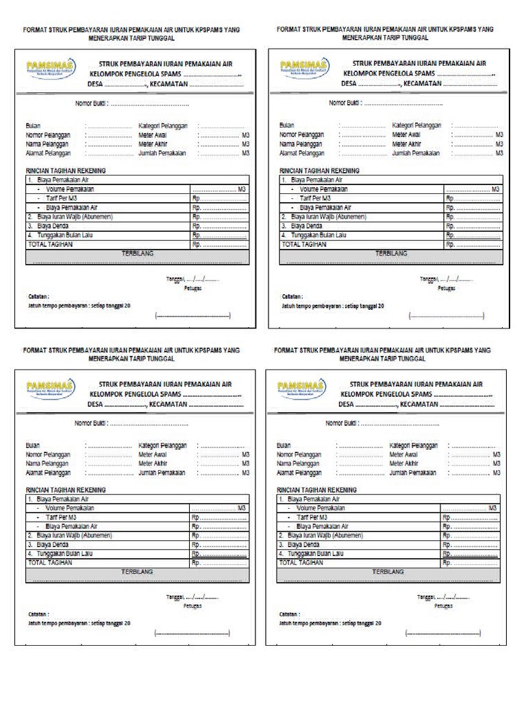 Contoh Format Struk Air Pembayaran Air Tarif Tunggal | PDF