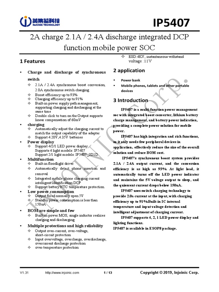 IP5407 Injoinic | PDF | Battery Charger | Electrical Engineering