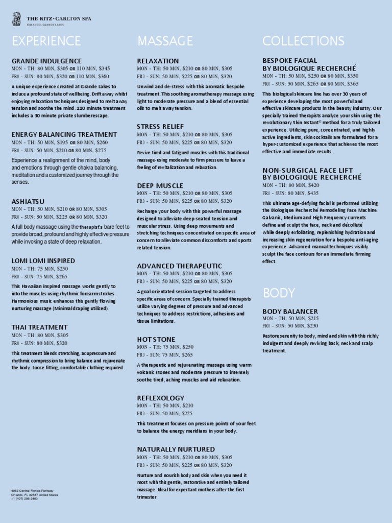 The Ritz Carlton 2023 Spa Menu | PDF | Massage