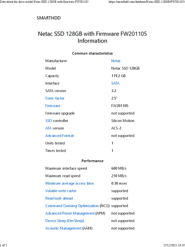 Data About The Drive Model Netac SSD 128GB With Firmware FW201105 | PDF | Solid State Drive ...