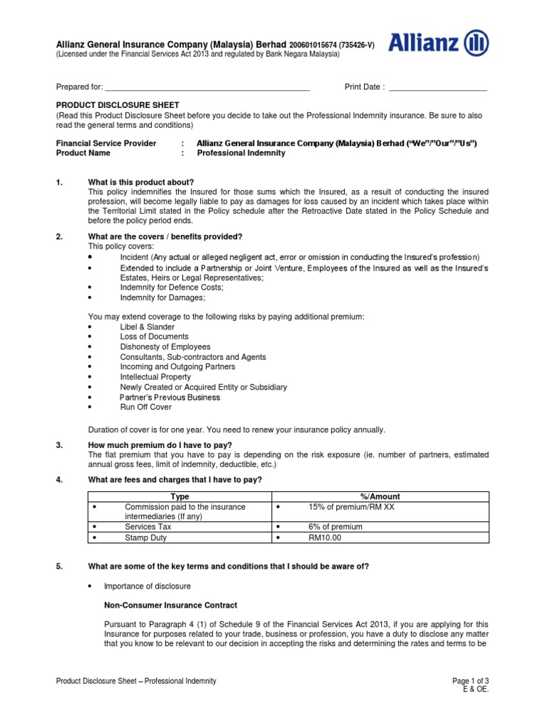 Allianz Product Disclosure Sheet - Professional Indemnity (English ...