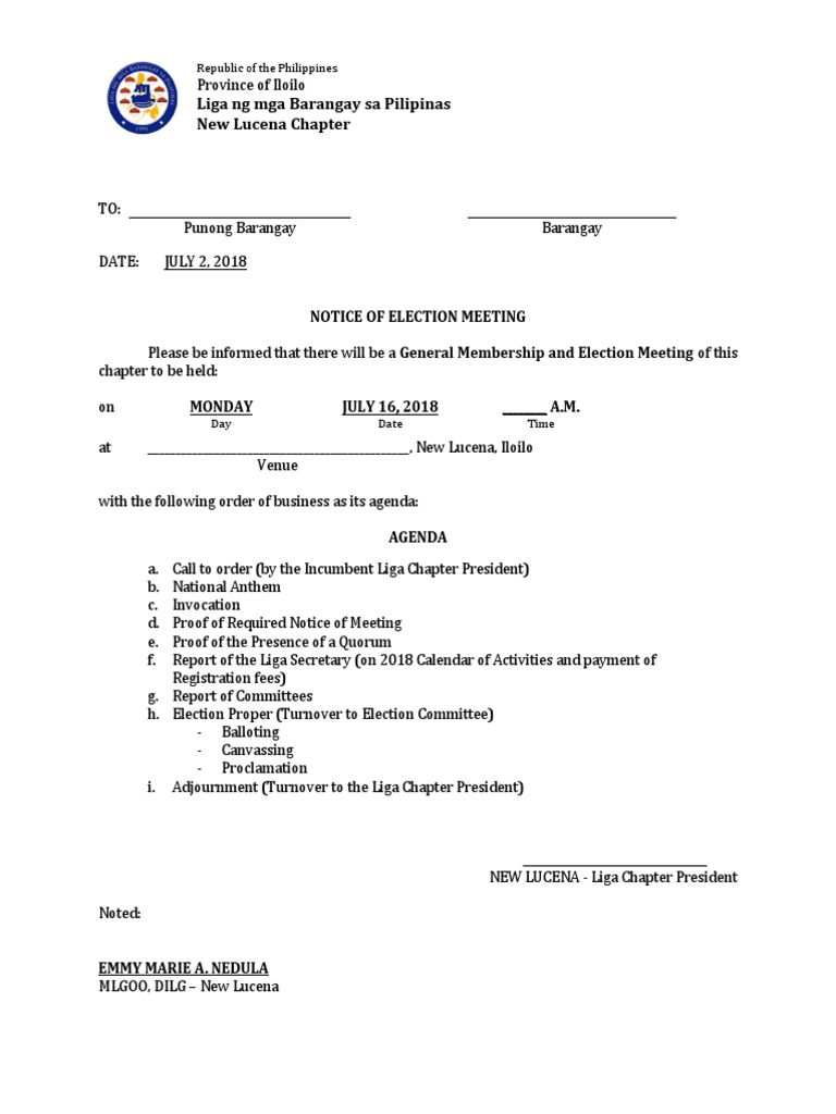 Notice of Election Meeting Liga NG Mga Barangay | PDF