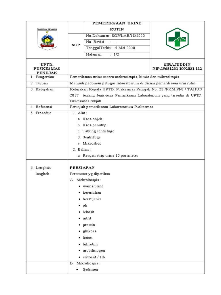 Sop Pemeriksaan Urine Rutin | PDF | Kesehatan Holistik | Sains & Matematika