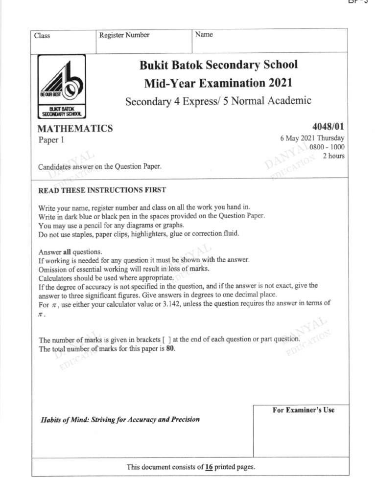 Bukit Batok Secondary E Math Sec 4 Mid Year 2021 | PDF