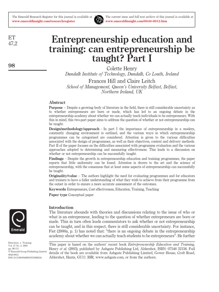 Entrepreneurship Education and Training - Can Entrepreneurship Be ...