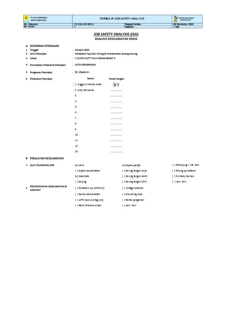 Job Safety Analysis (Jsa) : A Informasi Pekerjaan | PDF