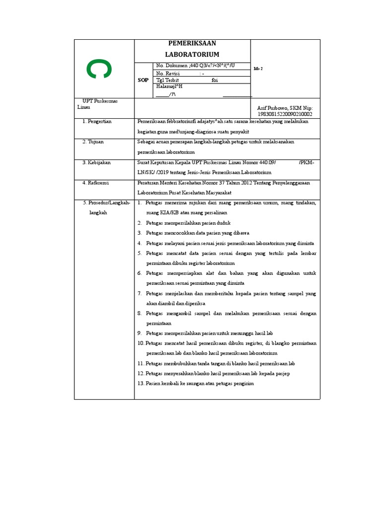 Sop Pemeriksaan Laboratorium | PDF