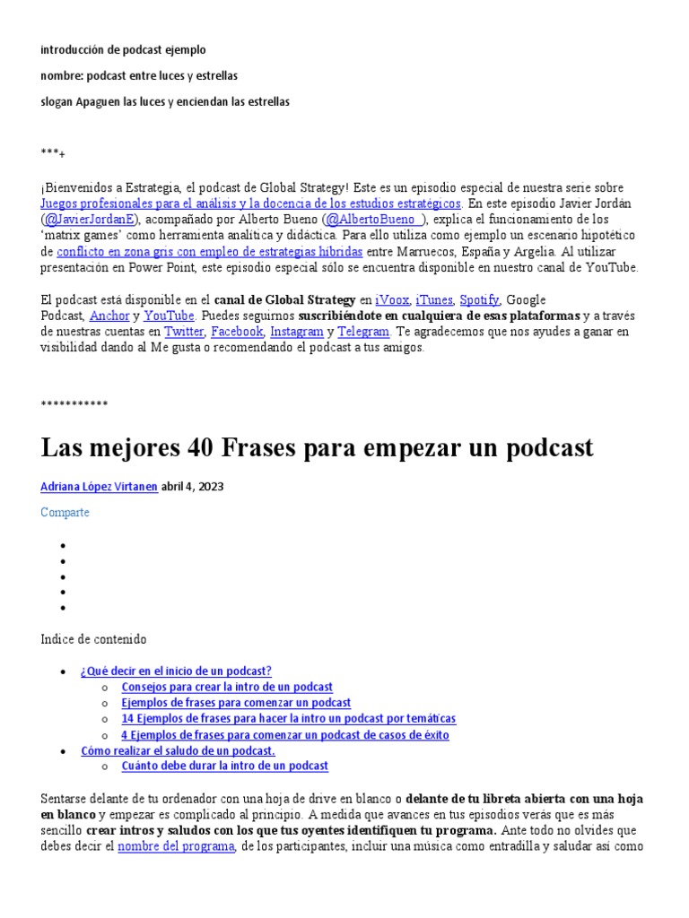 introducción de podcast ejemplo | PDF | Podcast | Narración