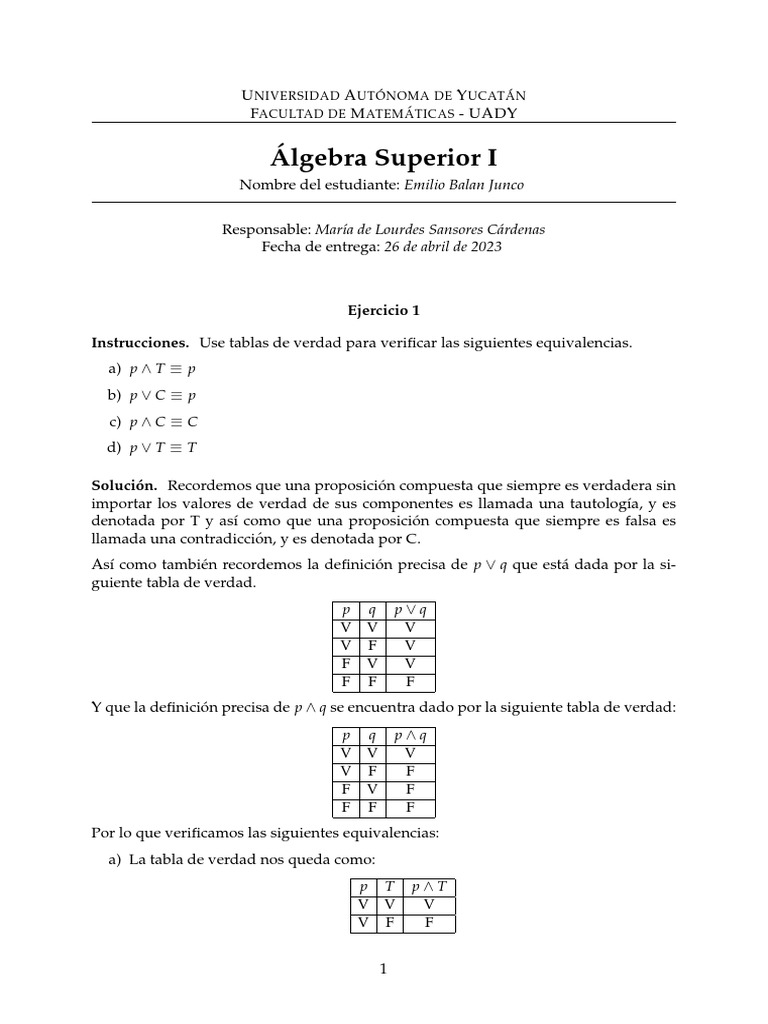 Tablas de Verdad en Álgebra Superior | PDF | Proposición | Lógica