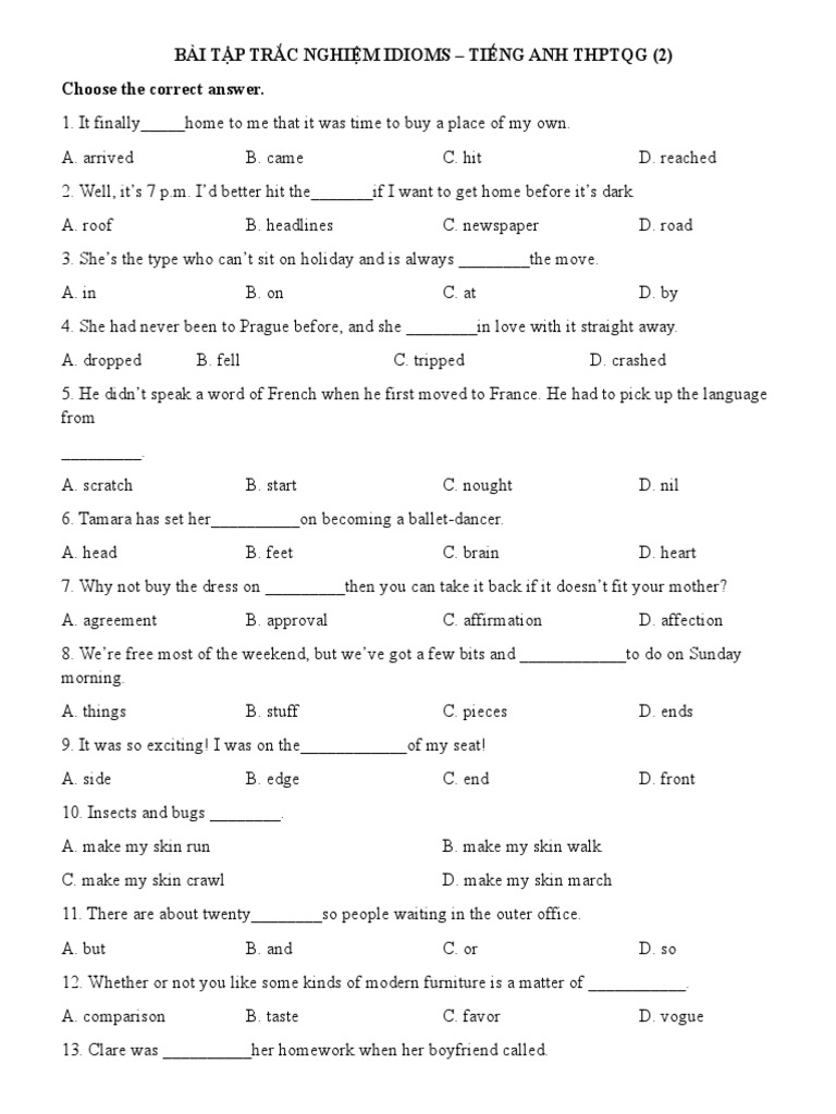 English Idioms Multiple Choice Quiz | PDF | Finger