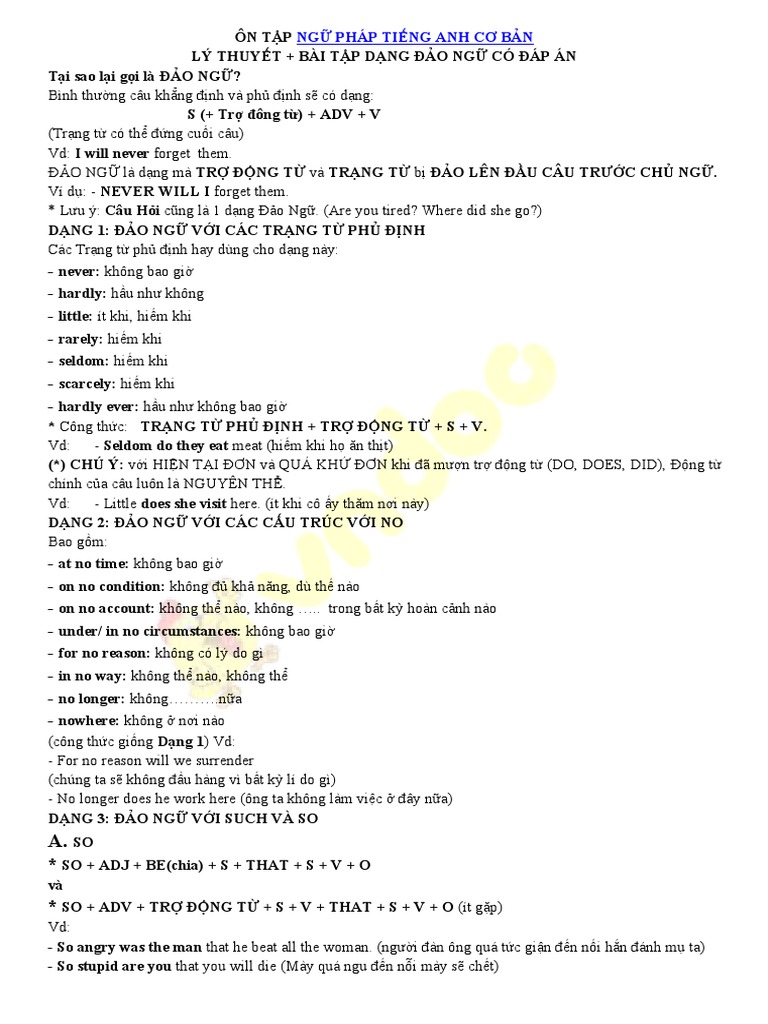 Cac Dang Dao Ngu Thuong Gap Trong Tieng Anh Co Bai Tap Dap An | PDF