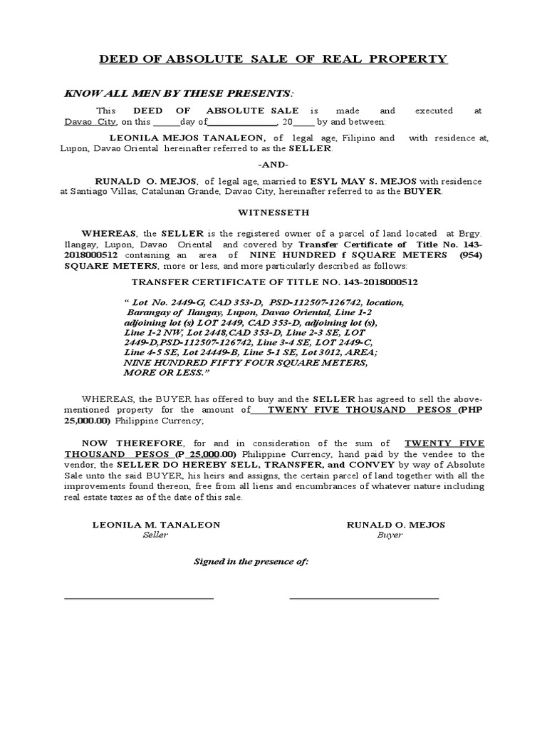 Deed of Absolute Sale of Real Property 954 | Download Free PDF | Title ...