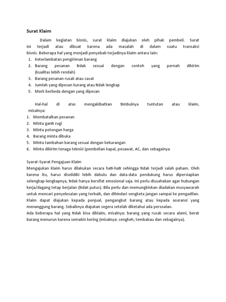 Contoh Surat Klaim Barang Rusak | PDF