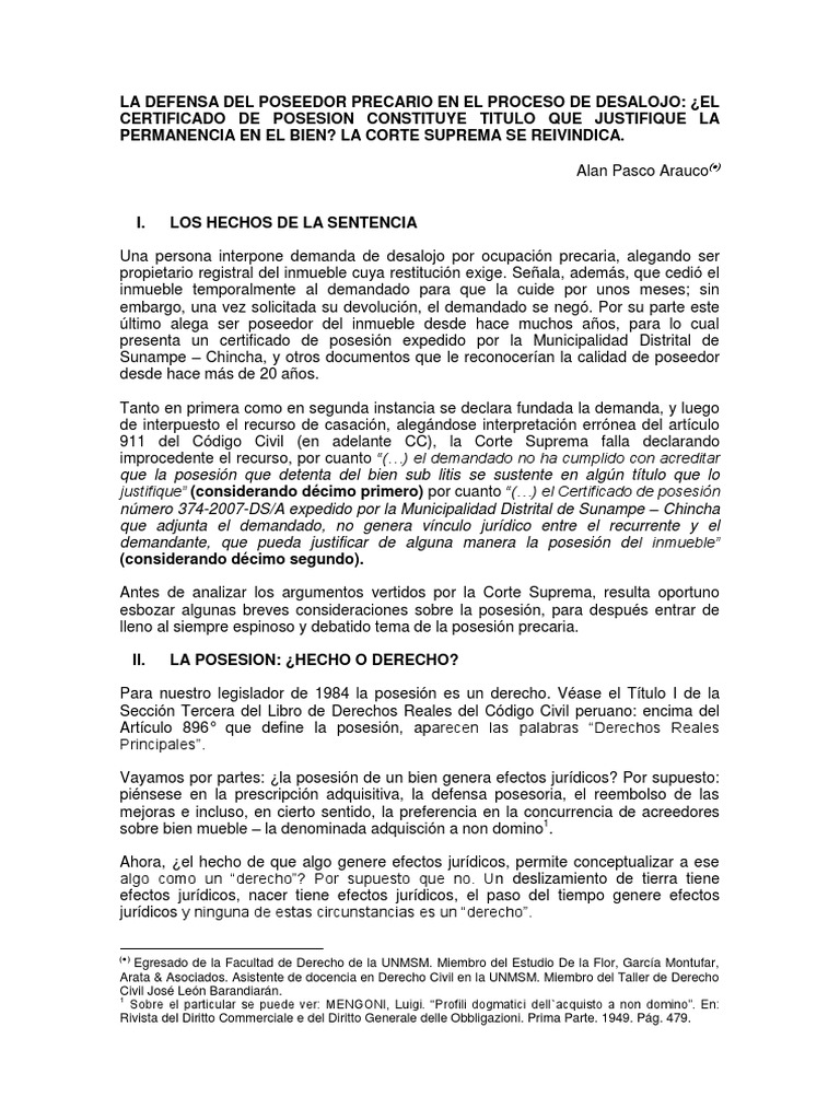 POSEEDOR PRECARIO Y TITULO QUE JUSTIFICA POSESION | PDF