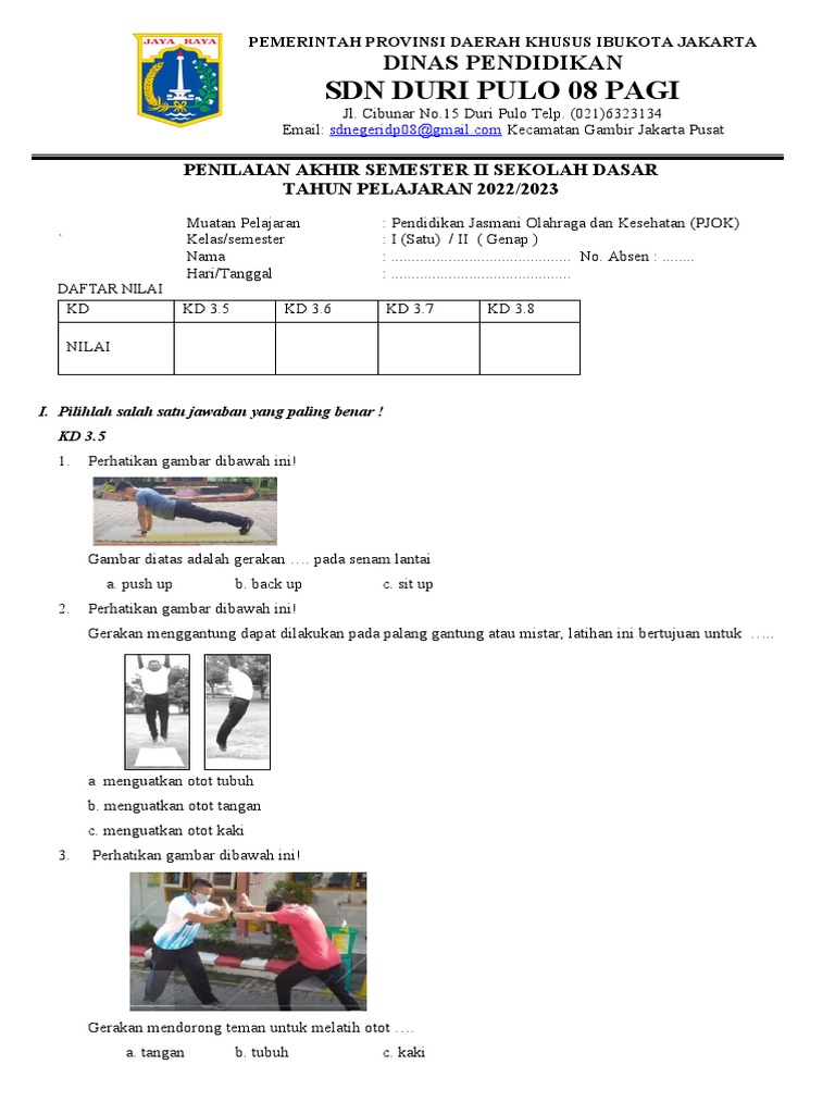 SOAL PAT PJOK KELAS 1 Semester Genap TA 2022-2023 | PDF