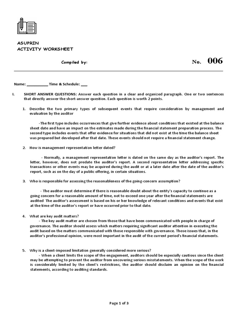 Activity Worksheet 006 | PDF | Going Concern | Auditor's Report