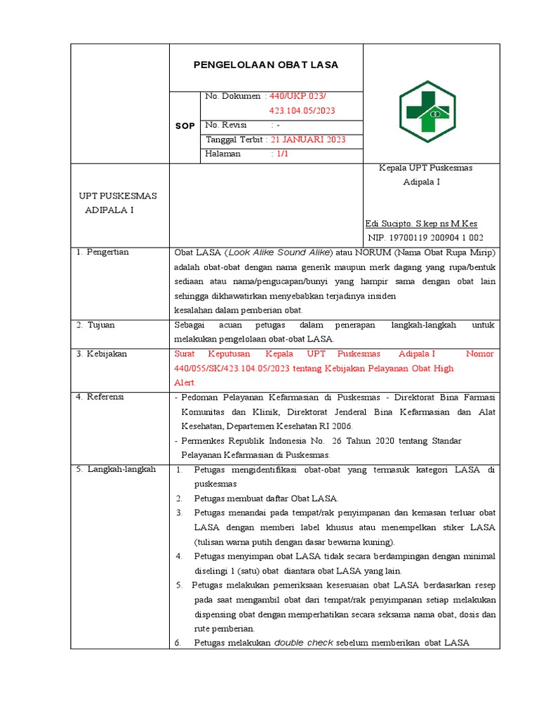 Sop Pengelolaan Obat Lasa | PDF