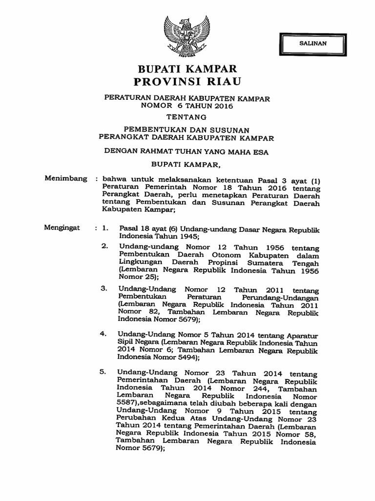 Peraturan Daerah Kabupaten Kampar Nomor 6 Tahun 2016 Tentang Pembentukan Dan Susunan Perangkat ...