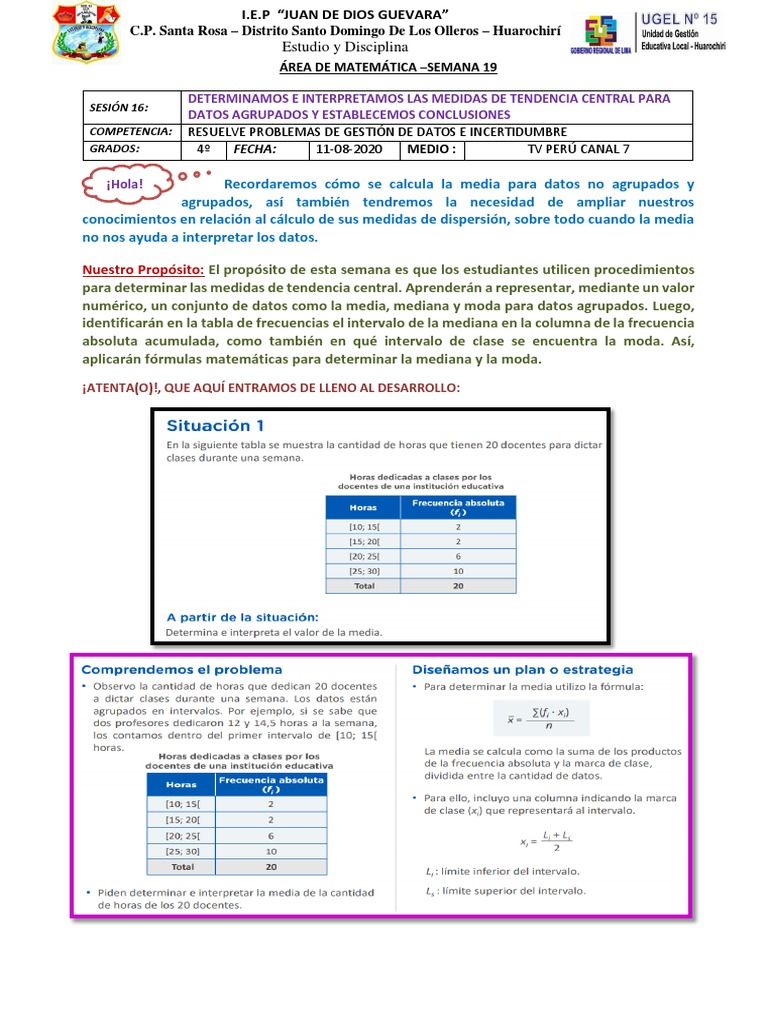 Sesión16-Medidas de Tendencia Central en Datos Agrupados 4º | PDF